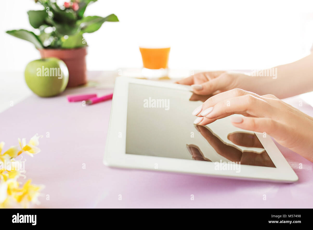 Woman and fruit diet while working on computer in office Stock Photo ...