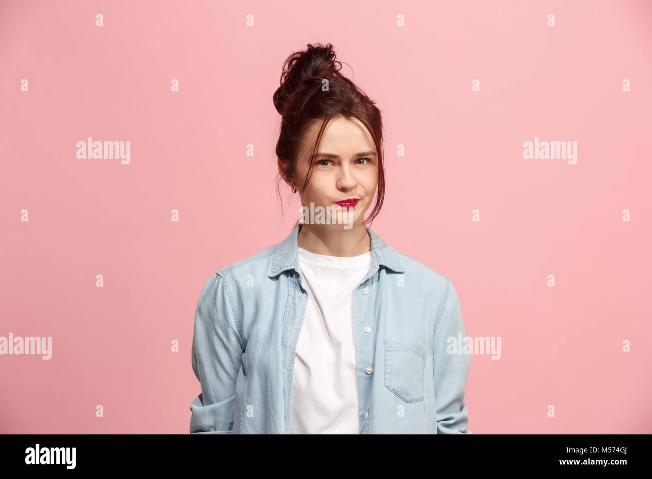 Suspiciont. Doubtful pensive woman with thoughtful expression making ...