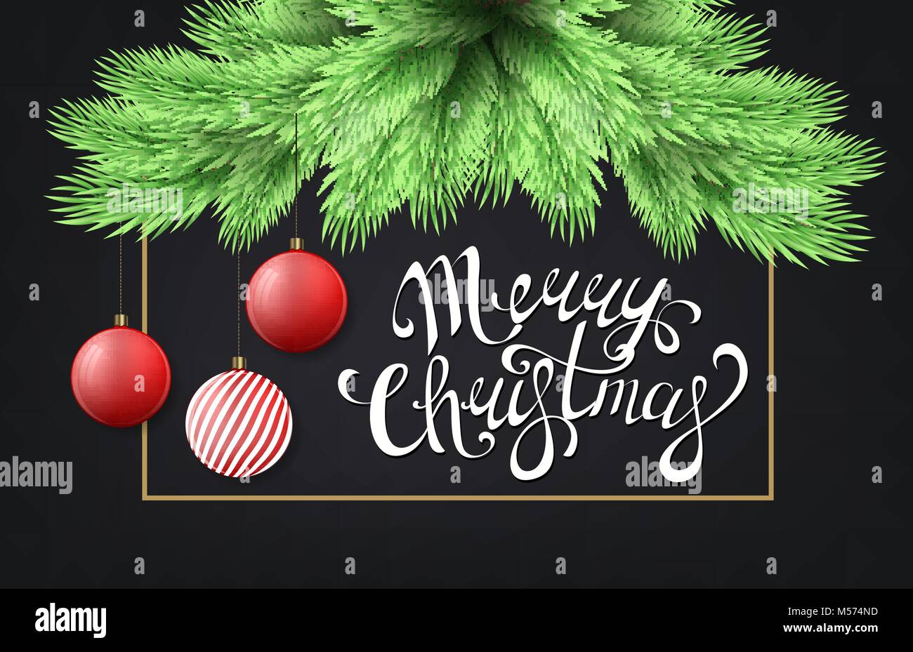 Merry Christmas postcard with fir tree branch, Christmas decorations ...