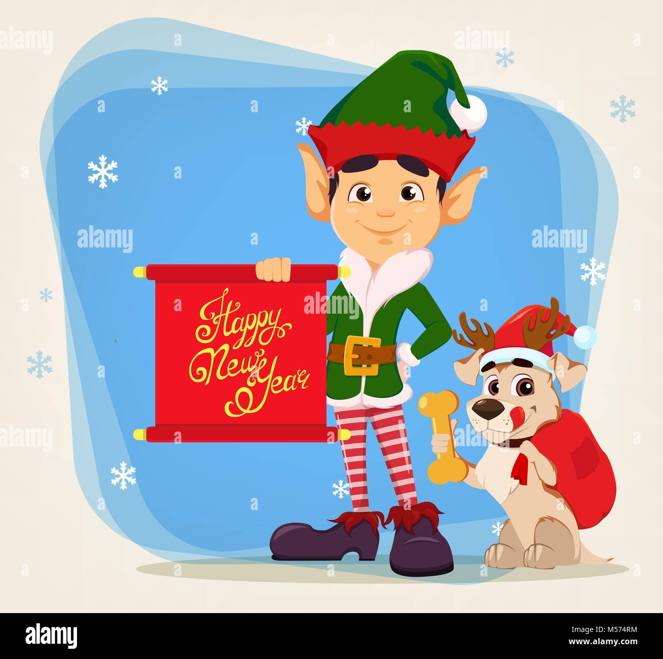 Happy New Year greeting card. Elf with scroll standing close to funny ...