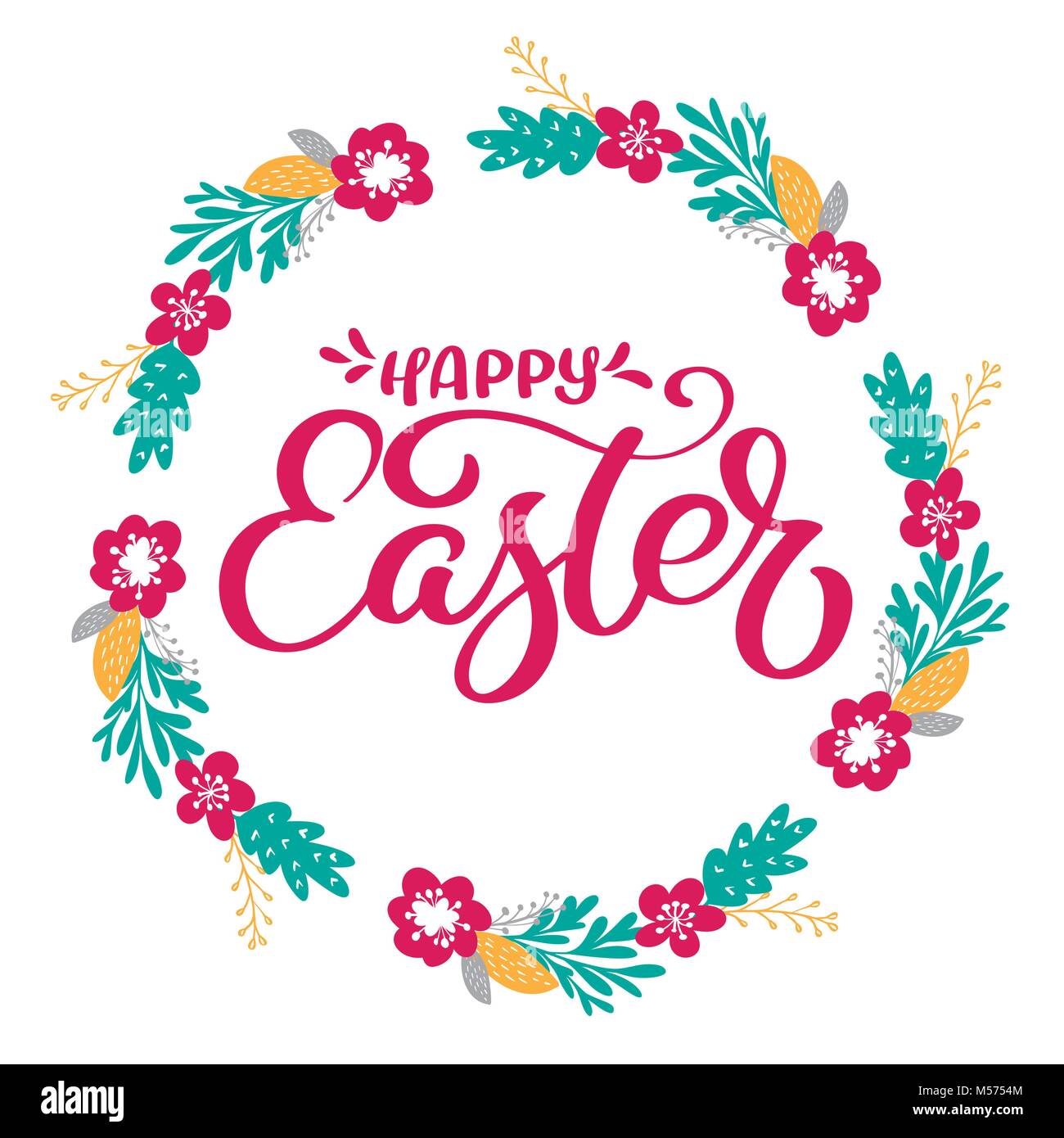 Hand drawn lettering Happy Easter wreath with flowers, branches and ...