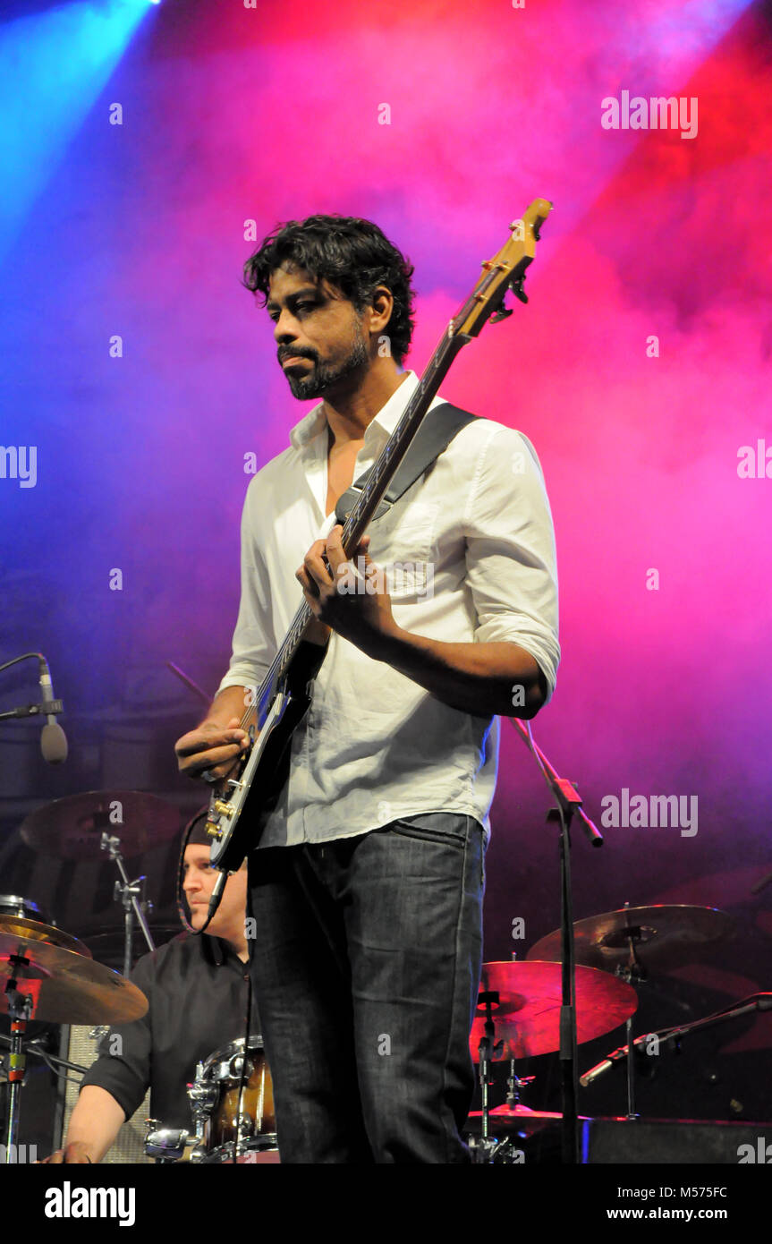 Bass guitarist one of trio member of Daniel Marques Trio playing live ...