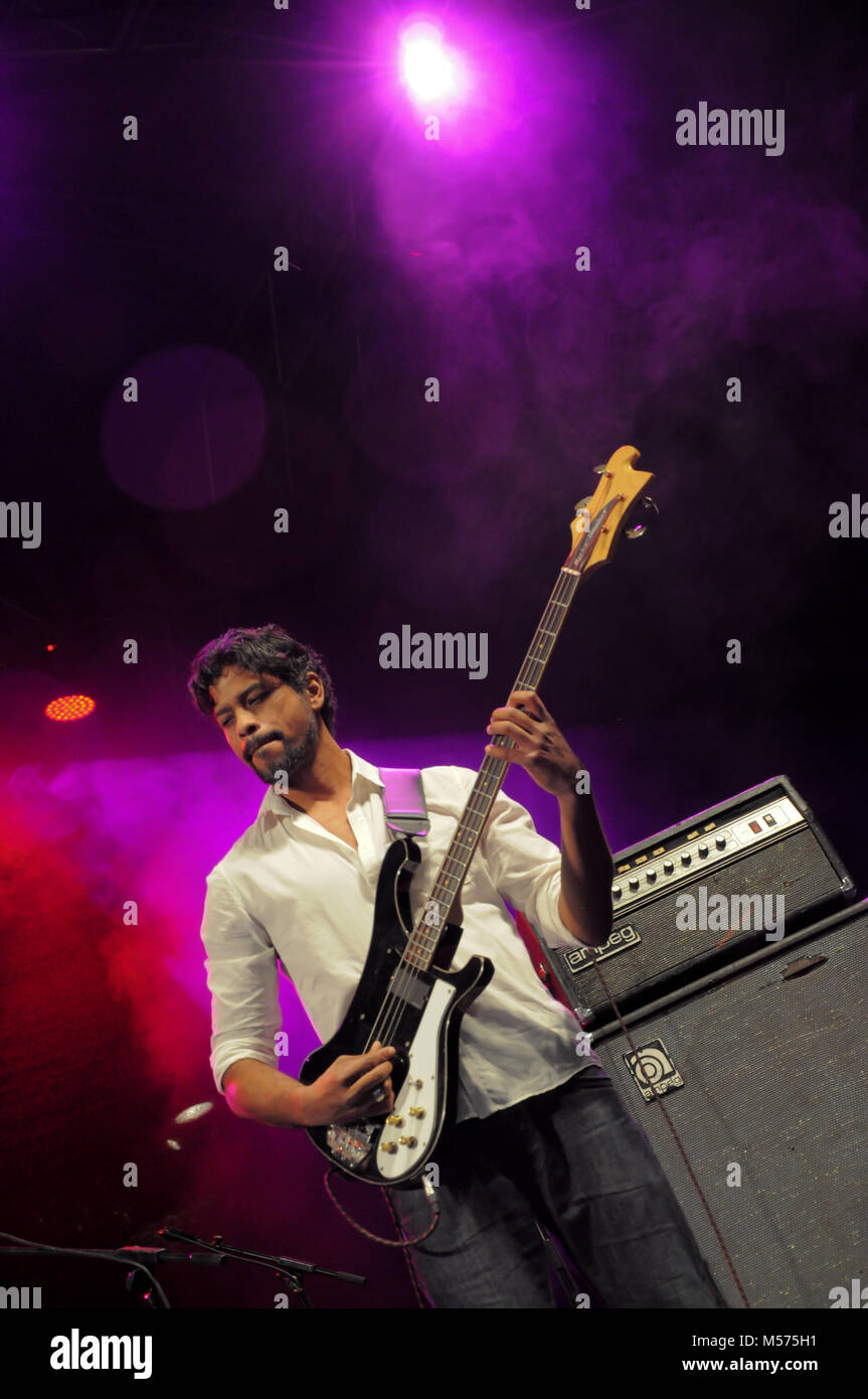 Bass guitarist one of trio member of Daniel Marques Trio playing live ...