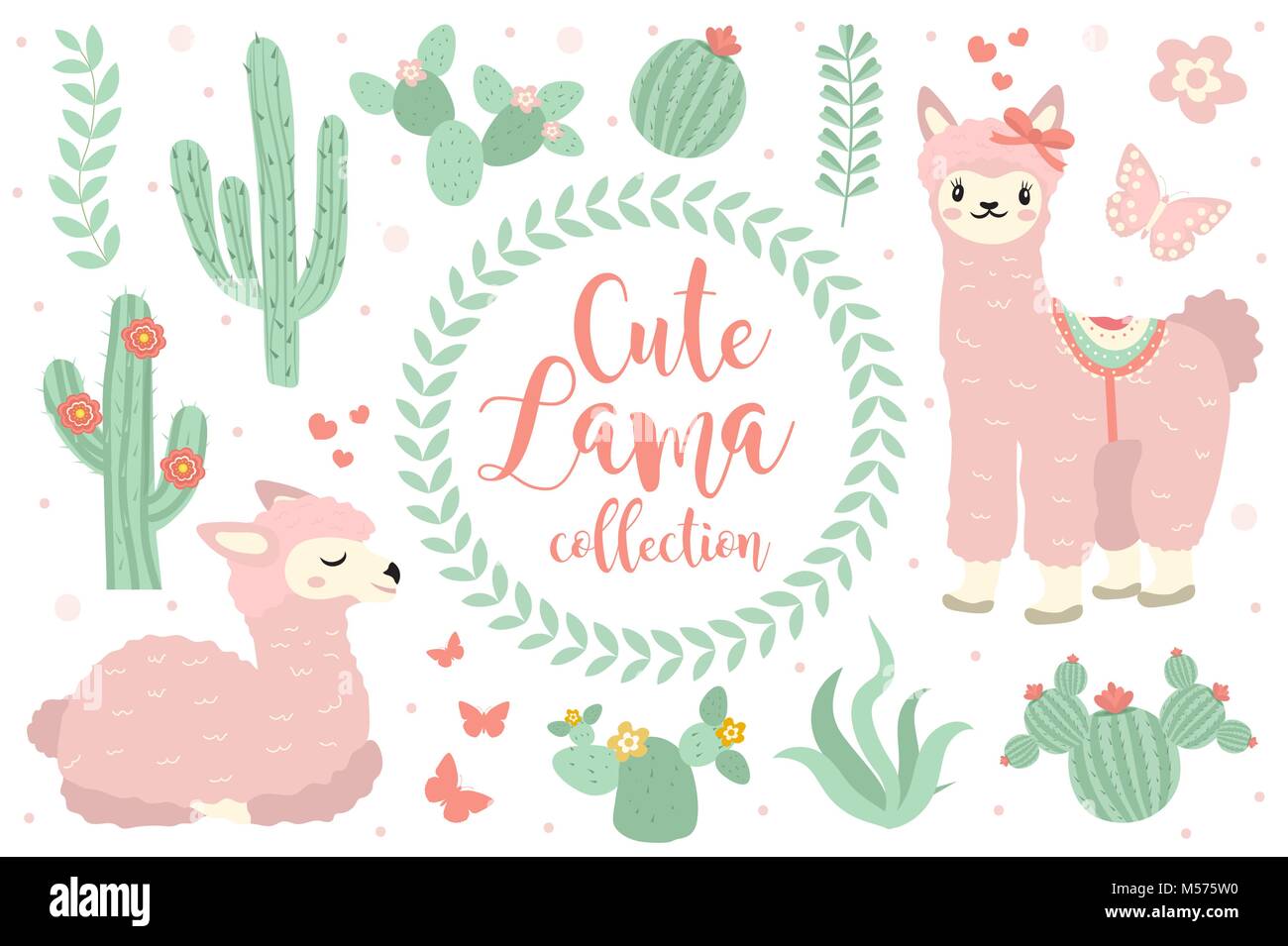 Cute lama set objects. Collection design elements with llama, cactus ...