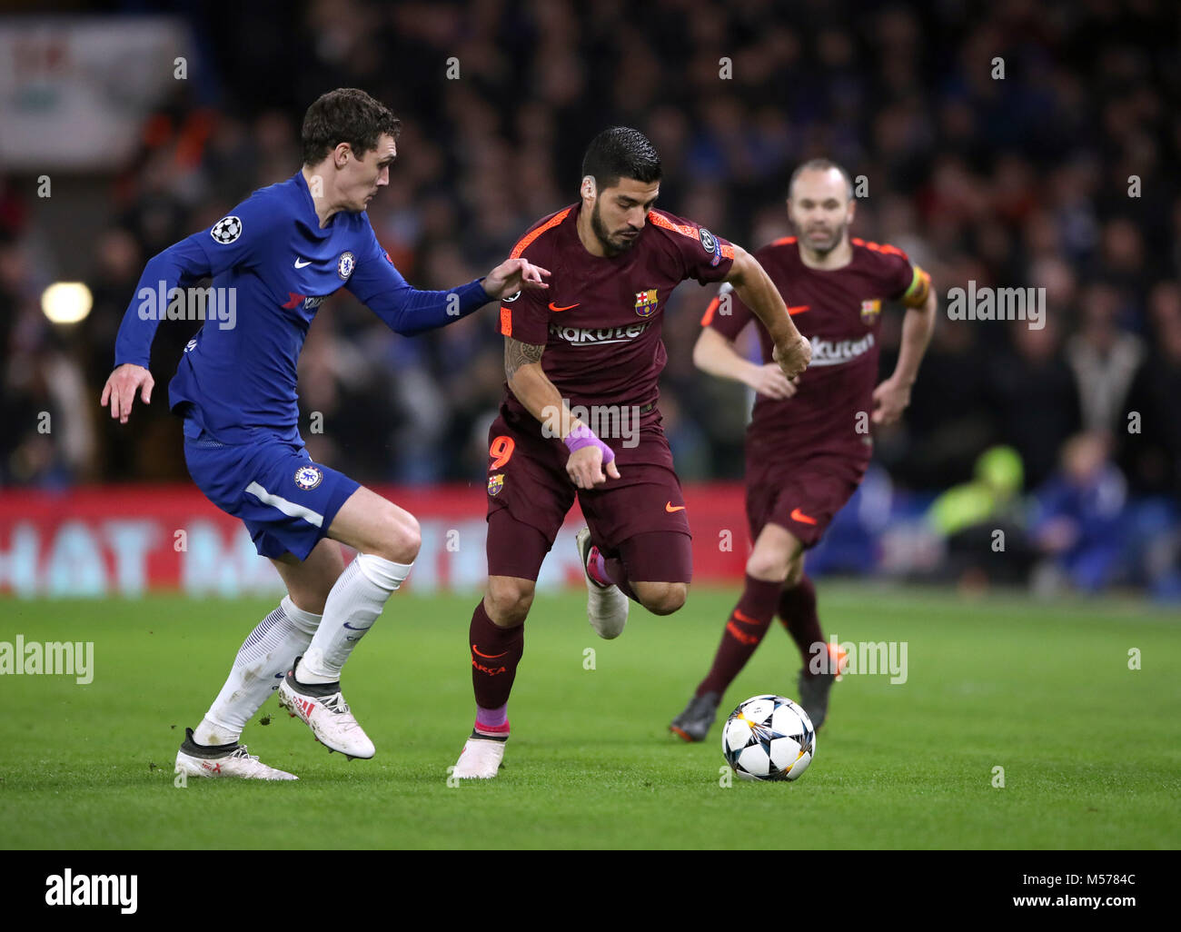 Chelsea's Andreas Christensen (left) and Barcelona's Luis Suarez battle ...