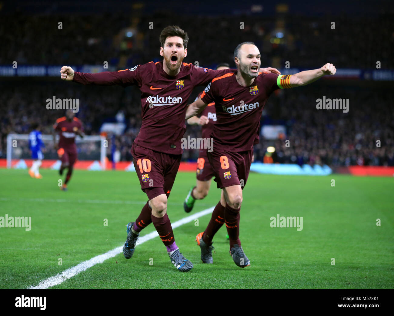and Barcelona's Lionel Messi (left) celebrates scoring his side's first ...