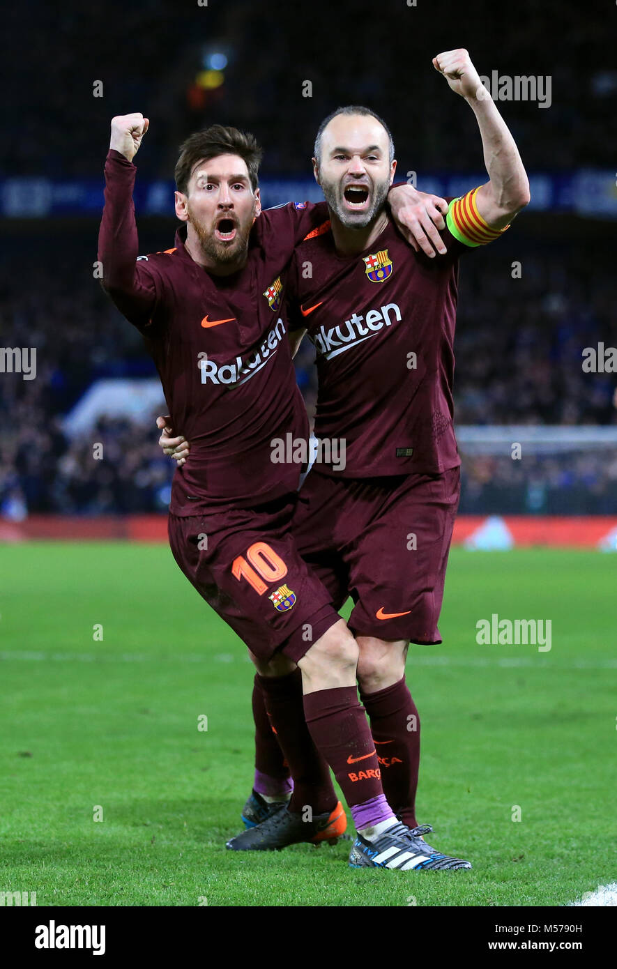 Barcelona's Lionel Messi (left) celebrates scoring his side's first ...