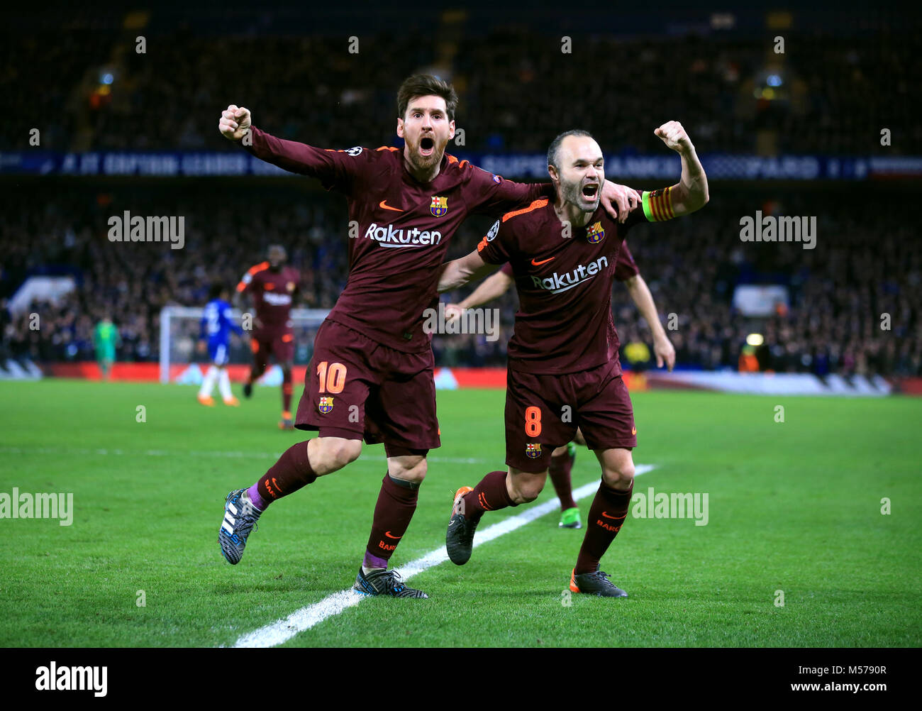 Barcelona's Lionel Messi (left) celebrates scoring his side's first ...