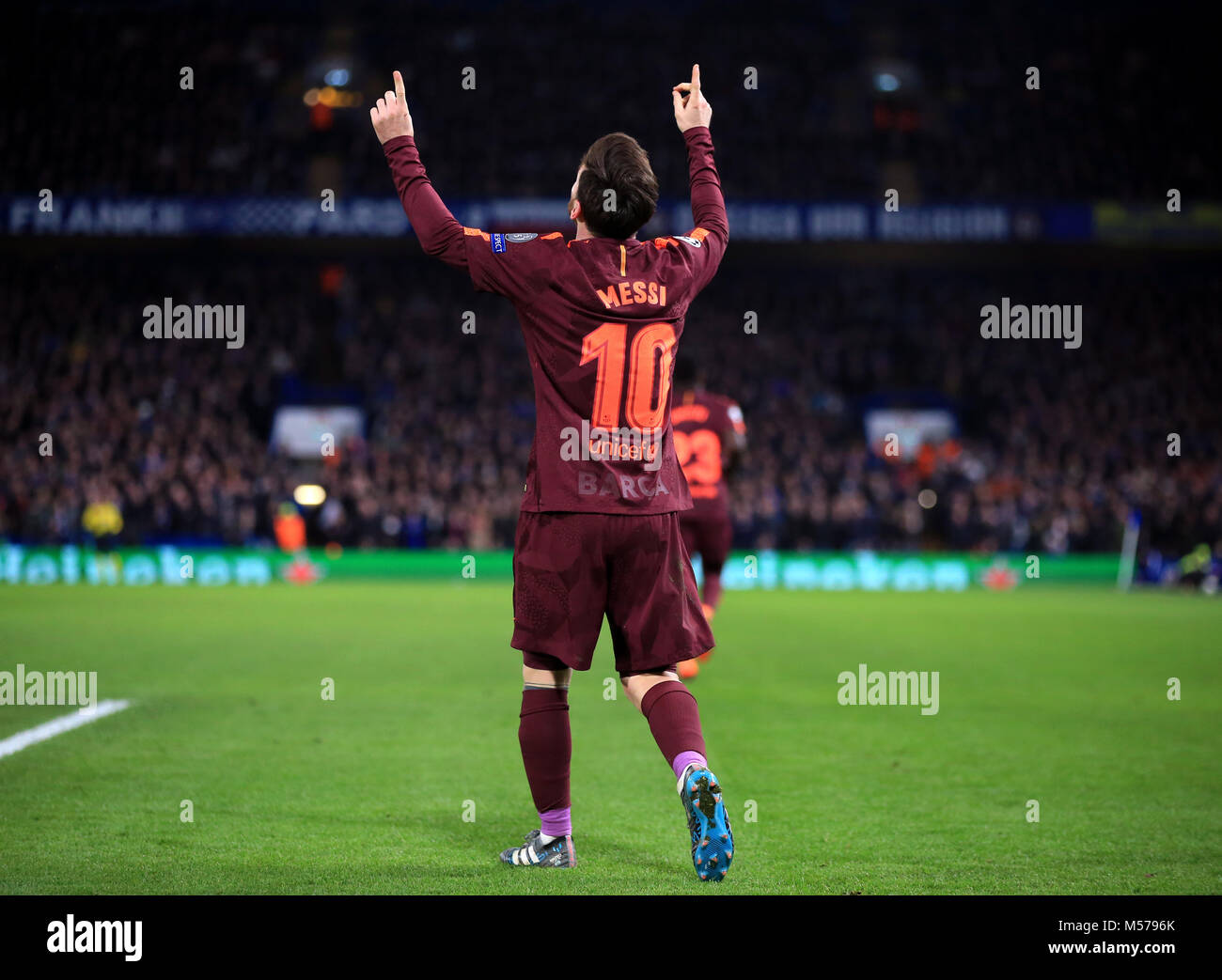 Barcelona's Lionel Messi celebrates scoring his side's first goal of ...