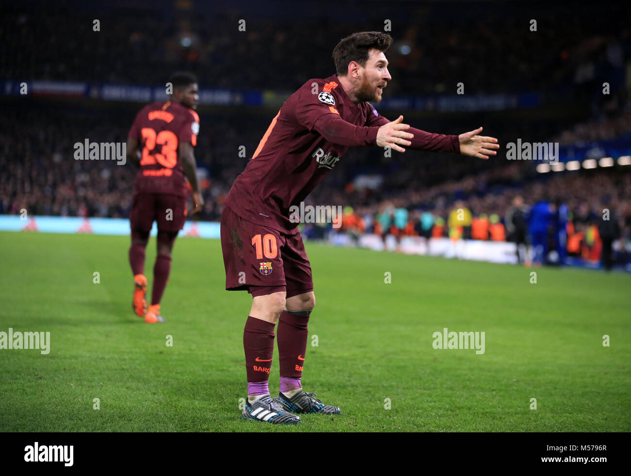 Barcelona's Lionel Messi celebrates scoring his side's first goal of ...