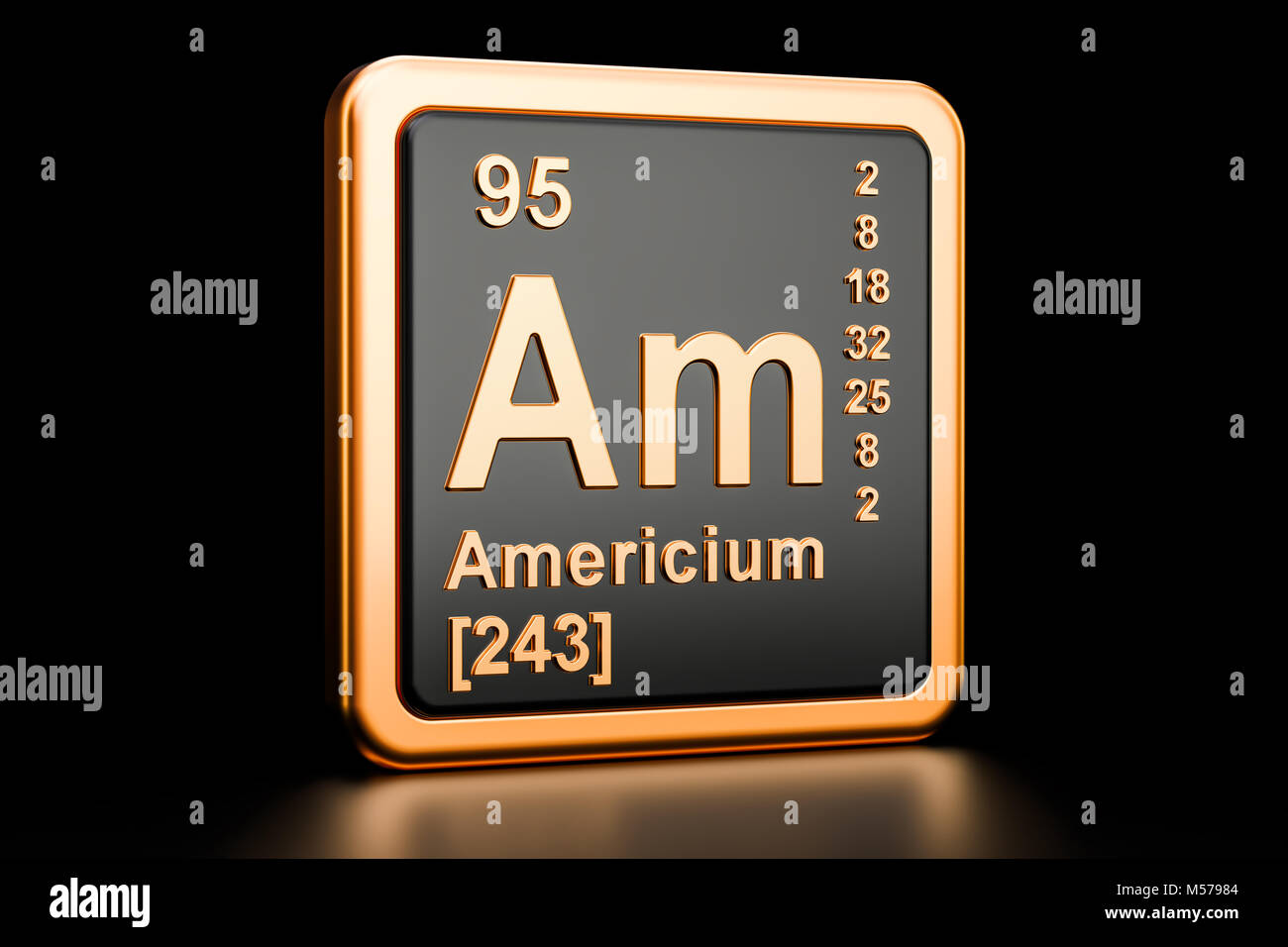 Americium Am, chemical element. 3D rendering isolated on black ...
