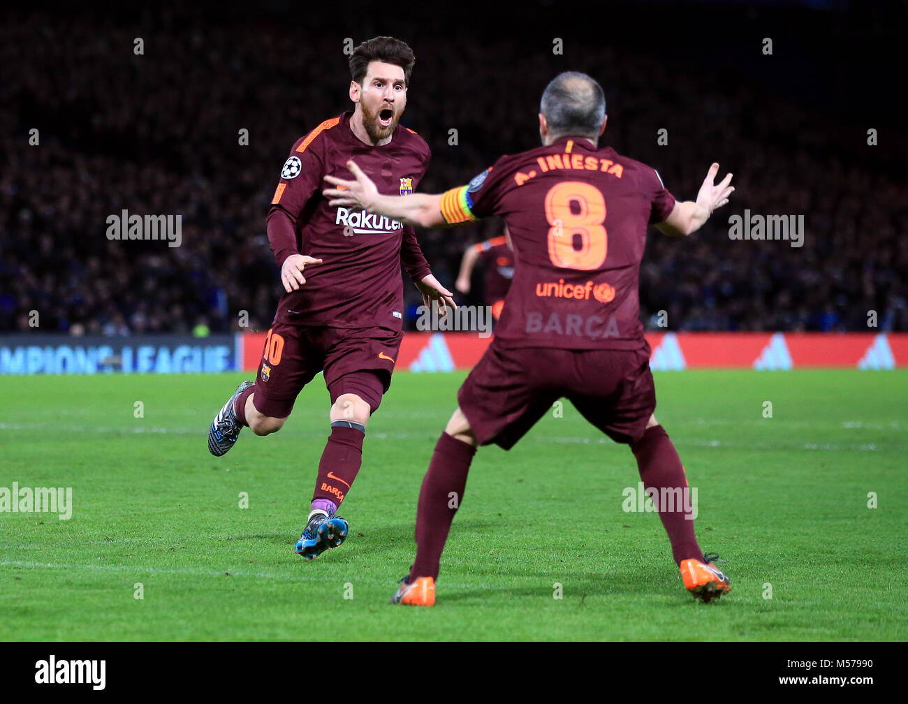 Barcelona's Lionel Messi (left) celebrates scoring his side's first ...