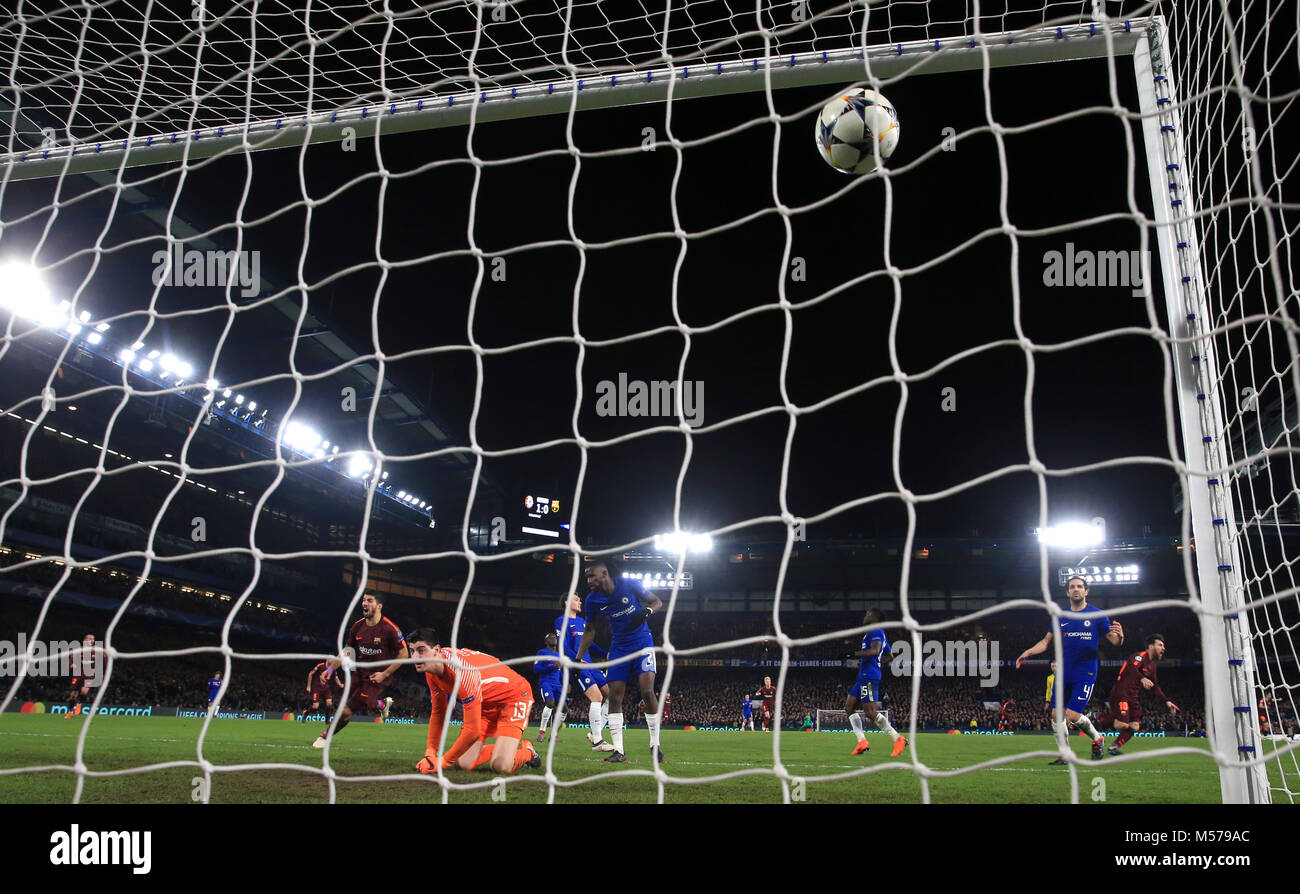 Barcelona's Lionel Messi (far right) celebrates scoring his side's ...