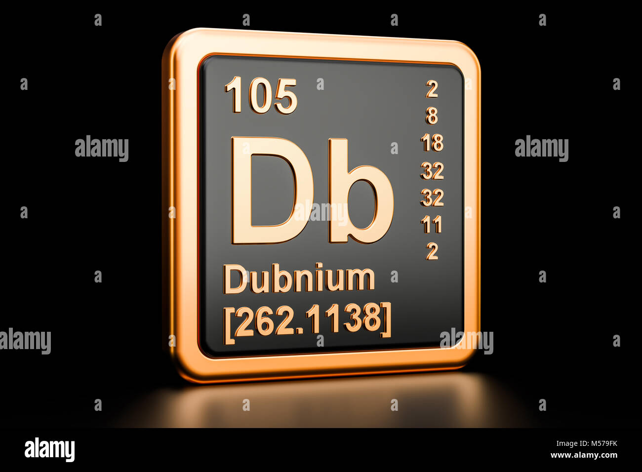 Dubnium Db, chemical element. 3D rendering isolated on black background ...
