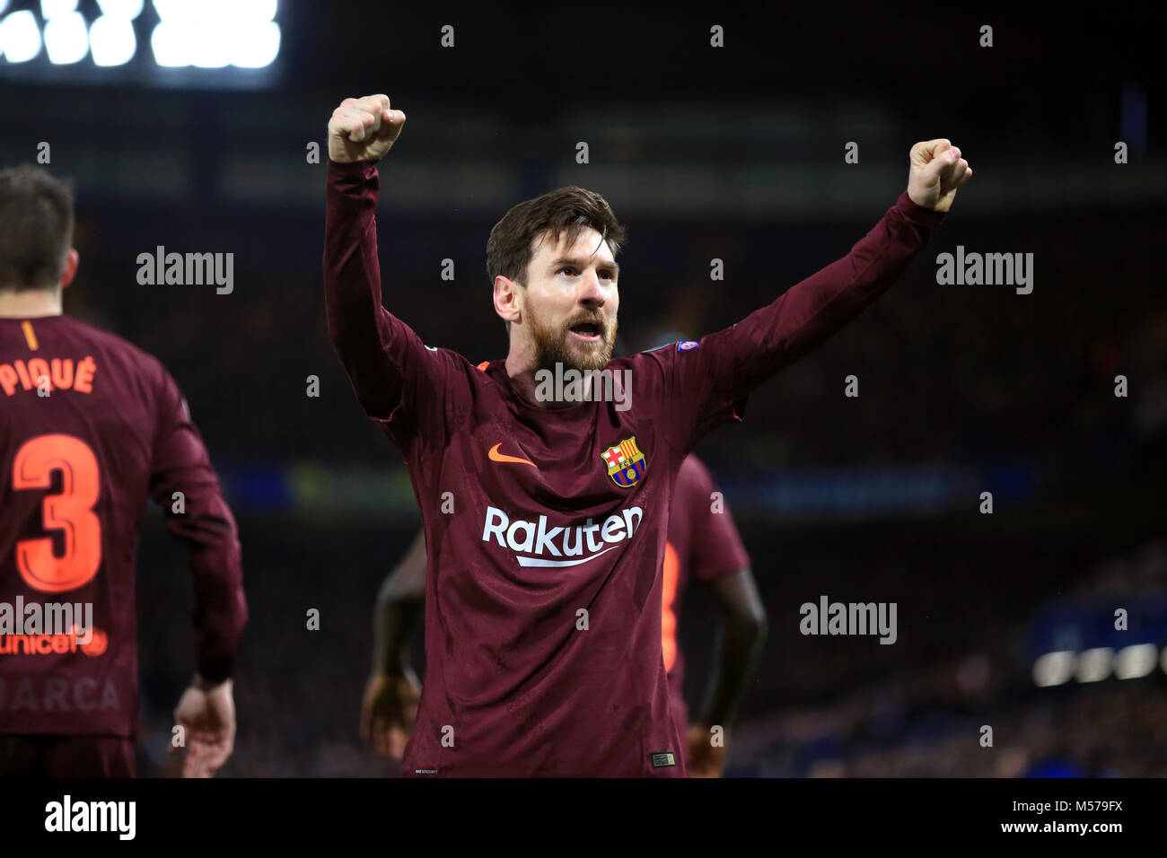 Barcelona's Lionel Messi celebrates scoring his side's first goal of ...