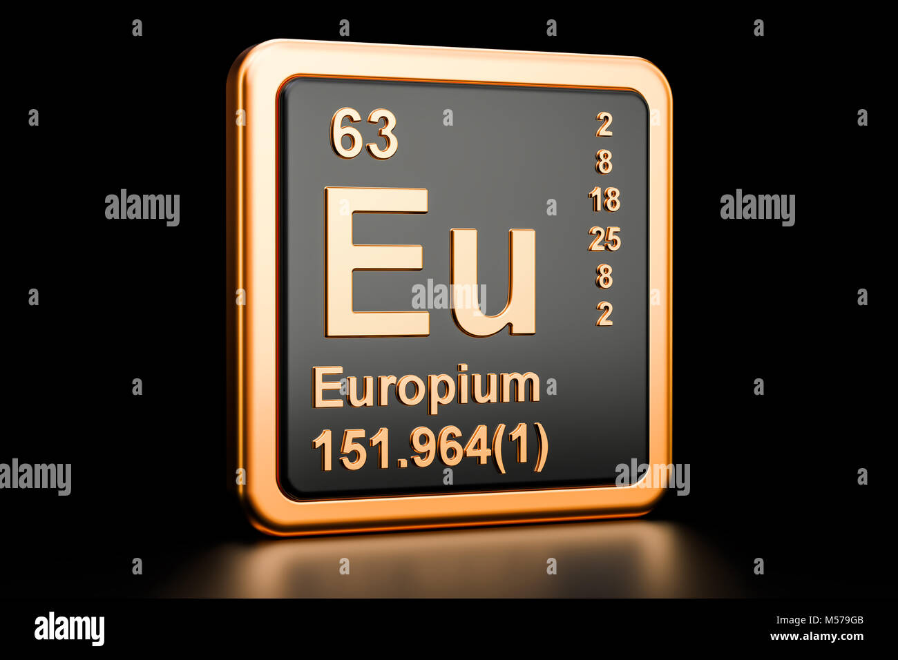 Europium Eu, chemical element. 3D rendering isolated on black ...