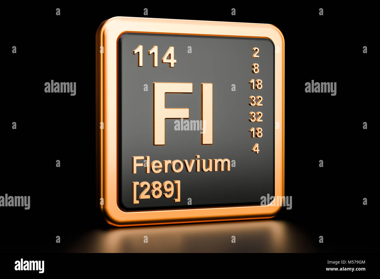 Flerovium Fl, chemical element. 3D rendering isolated on black ...