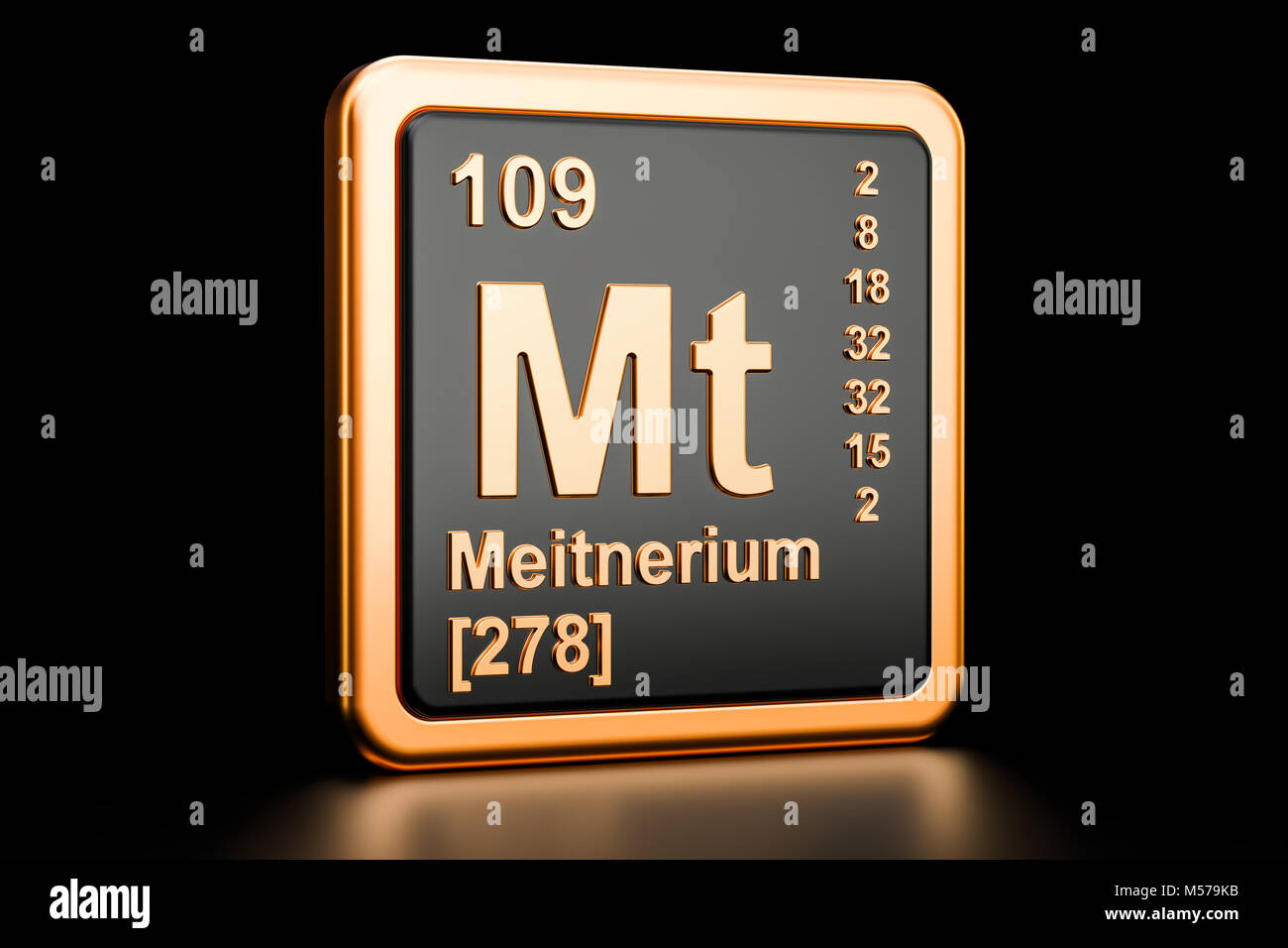 Meitnerium Mt, chemical element. 3D rendering isolated on black ...