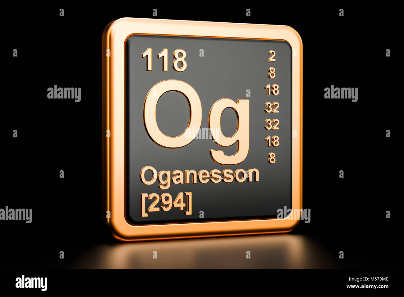 Oganesson Og, chemical element. 3D rendering isolated on black ...