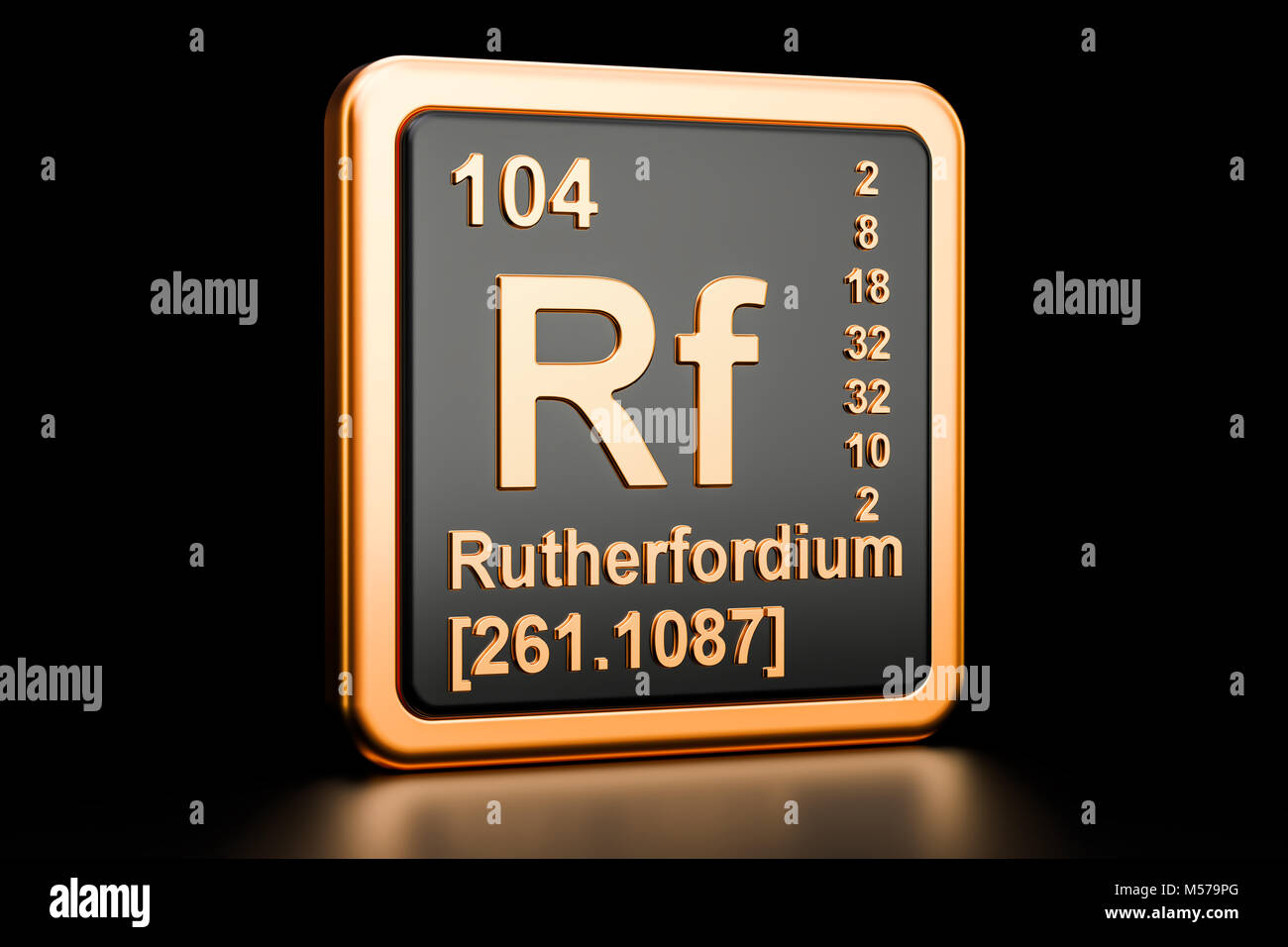 Rutherfordium Rf, chemical element. 3D rendering isolated on black ...