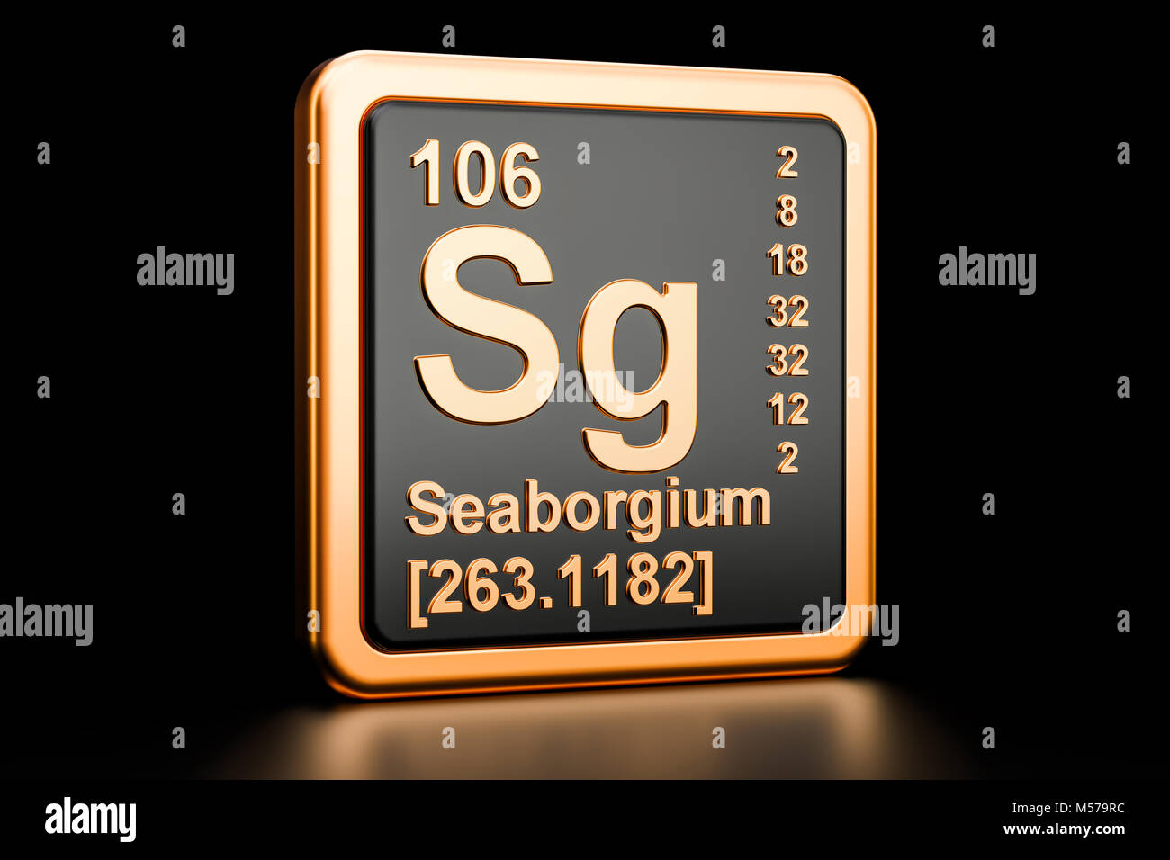 Seaborgium Sg, chemical element. 3D rendering isolated on black ...