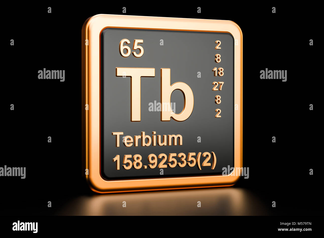 Terbium Tb, chemical element. 3D rendering isolated on black background ...