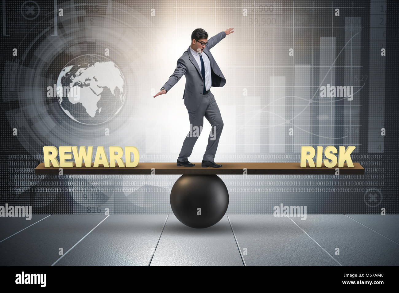 Businessman balancing between reward and risk business concept Stock ...