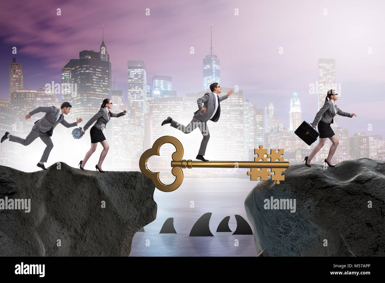 Business people chasing each other towards key to success Stock Photo ...