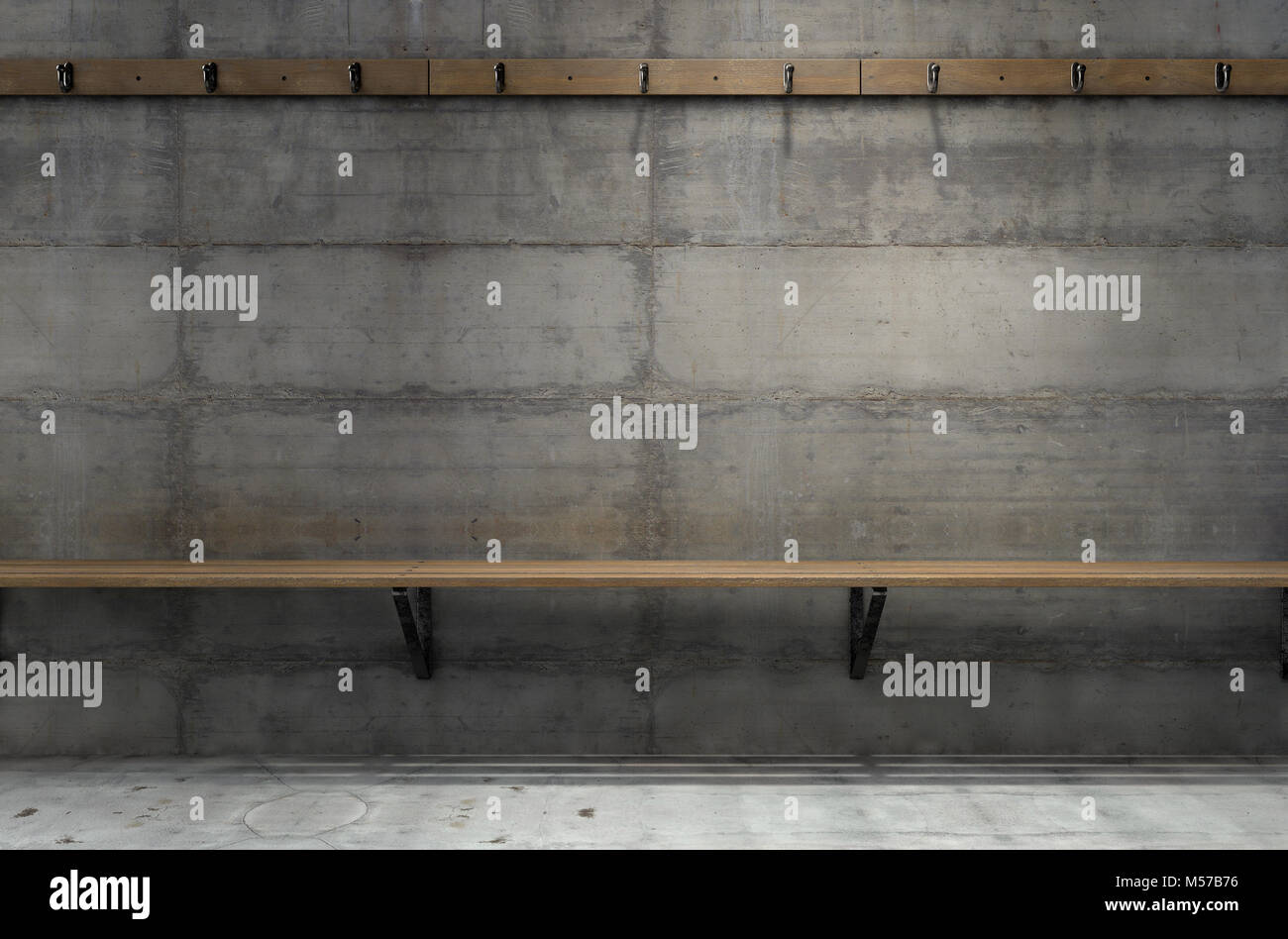 An empty clothes hanging rack above an empty wooden bench against a ...