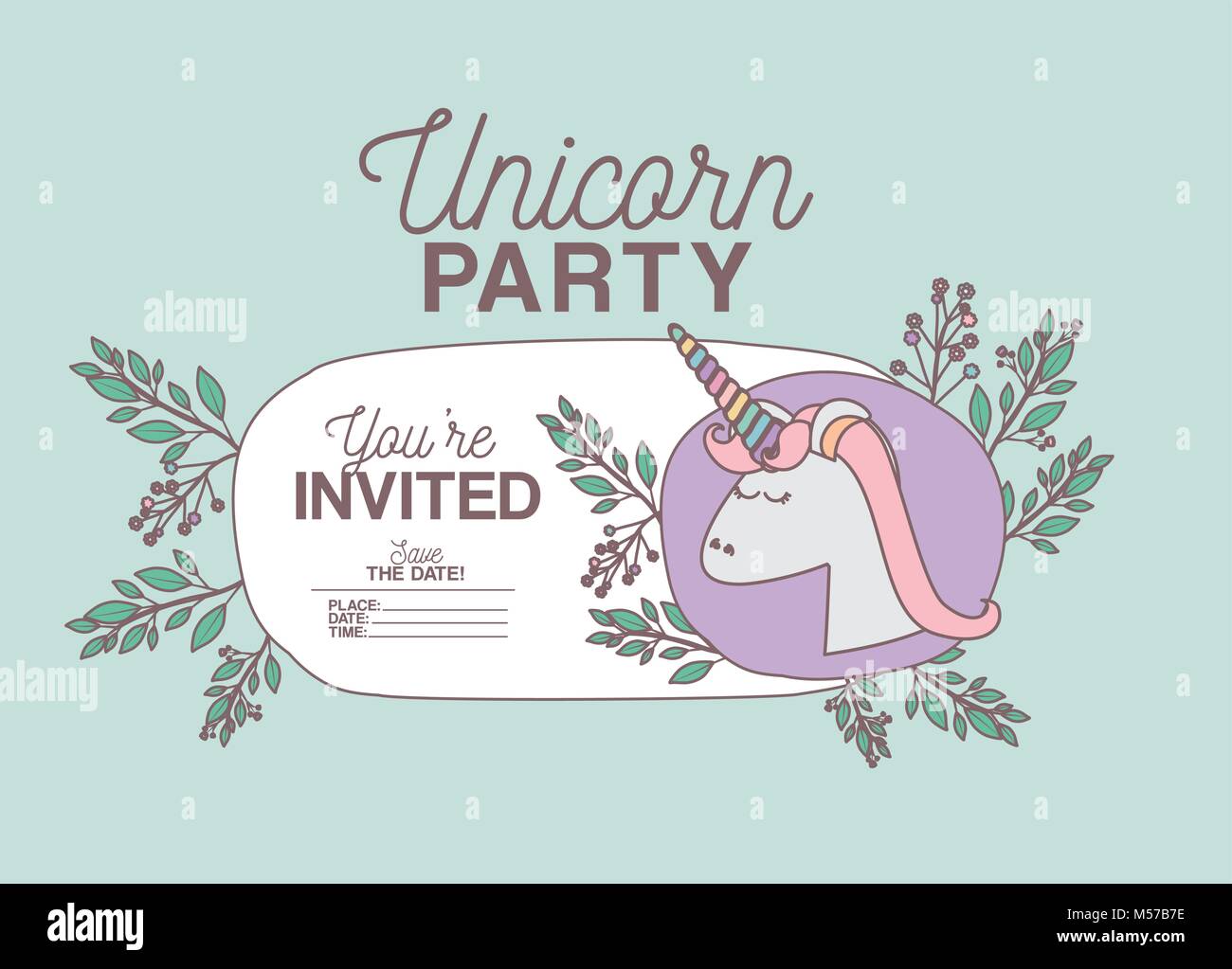 unicorn party invitation card with floral decoration Stock Vector Image ...