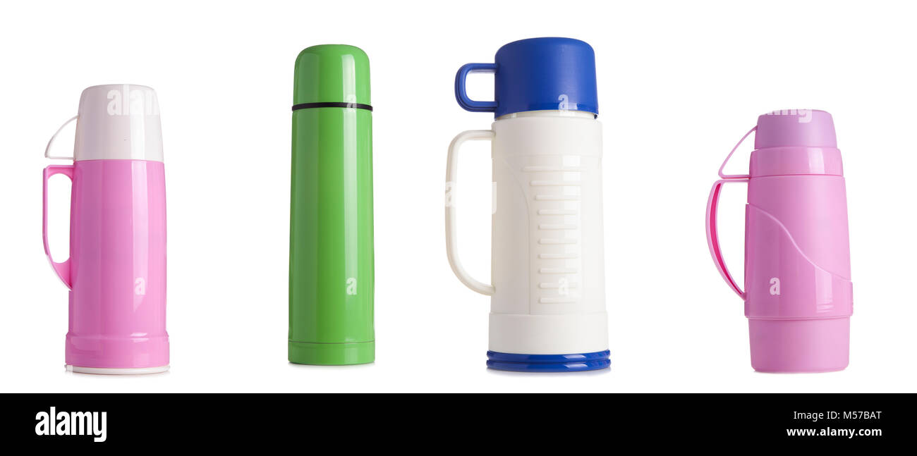 Colored metal and plastic thermos isolated on white background,coffee ...