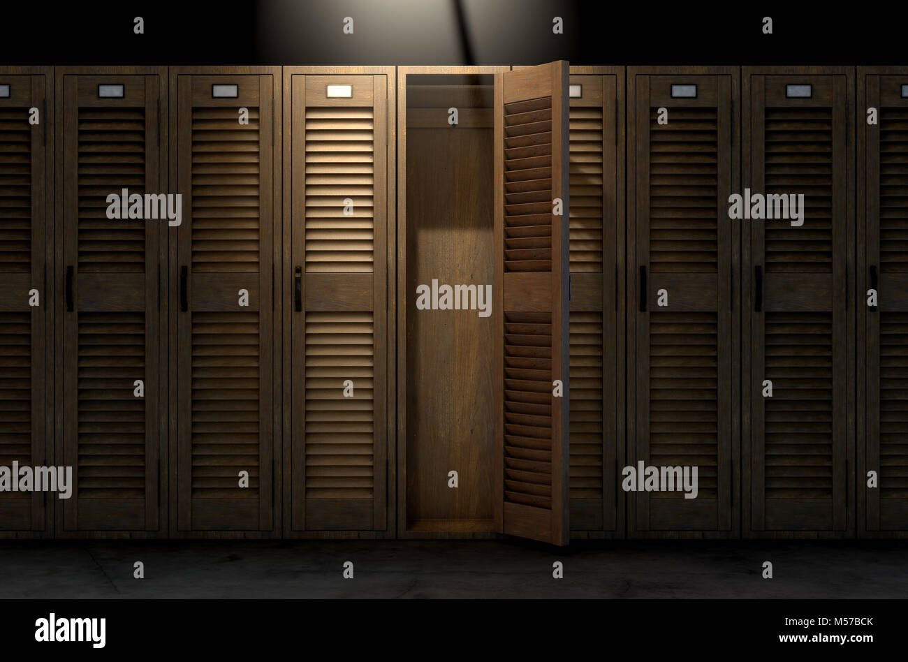A row of vintage wooden gym lockers with one open door revealing an ...
