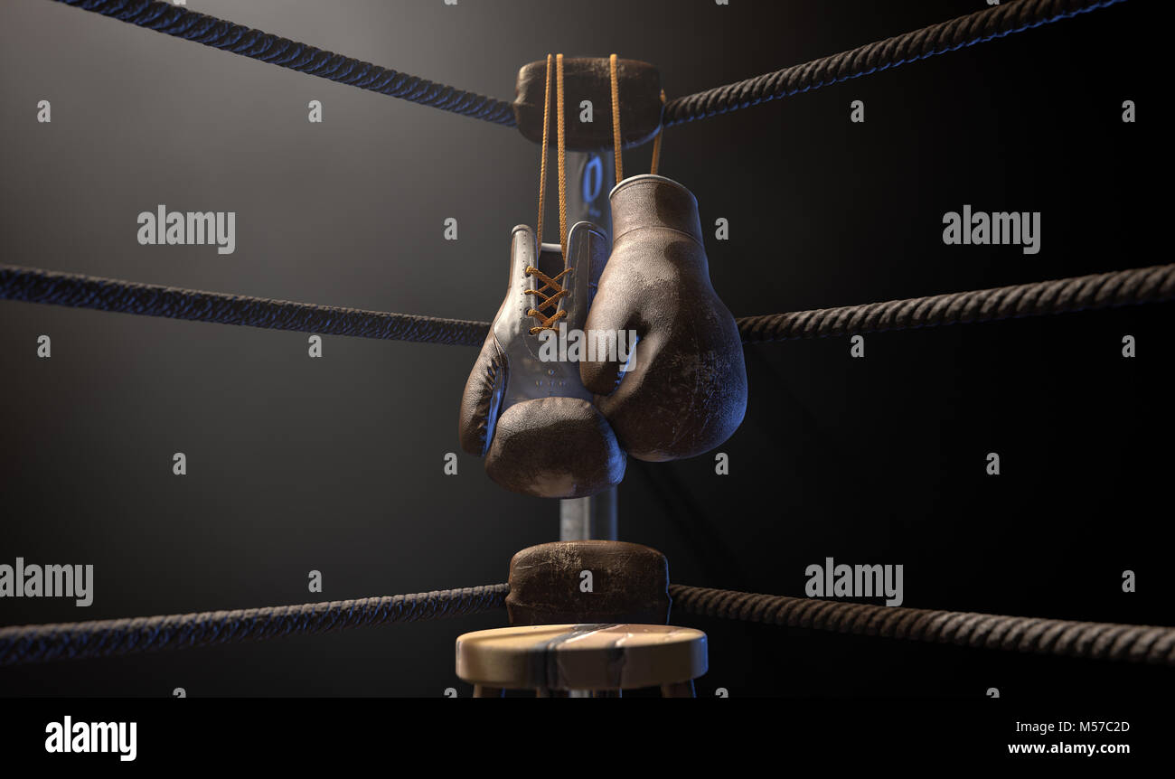 A closeup of the corner of an old vintage boxing ring surrounded by ...