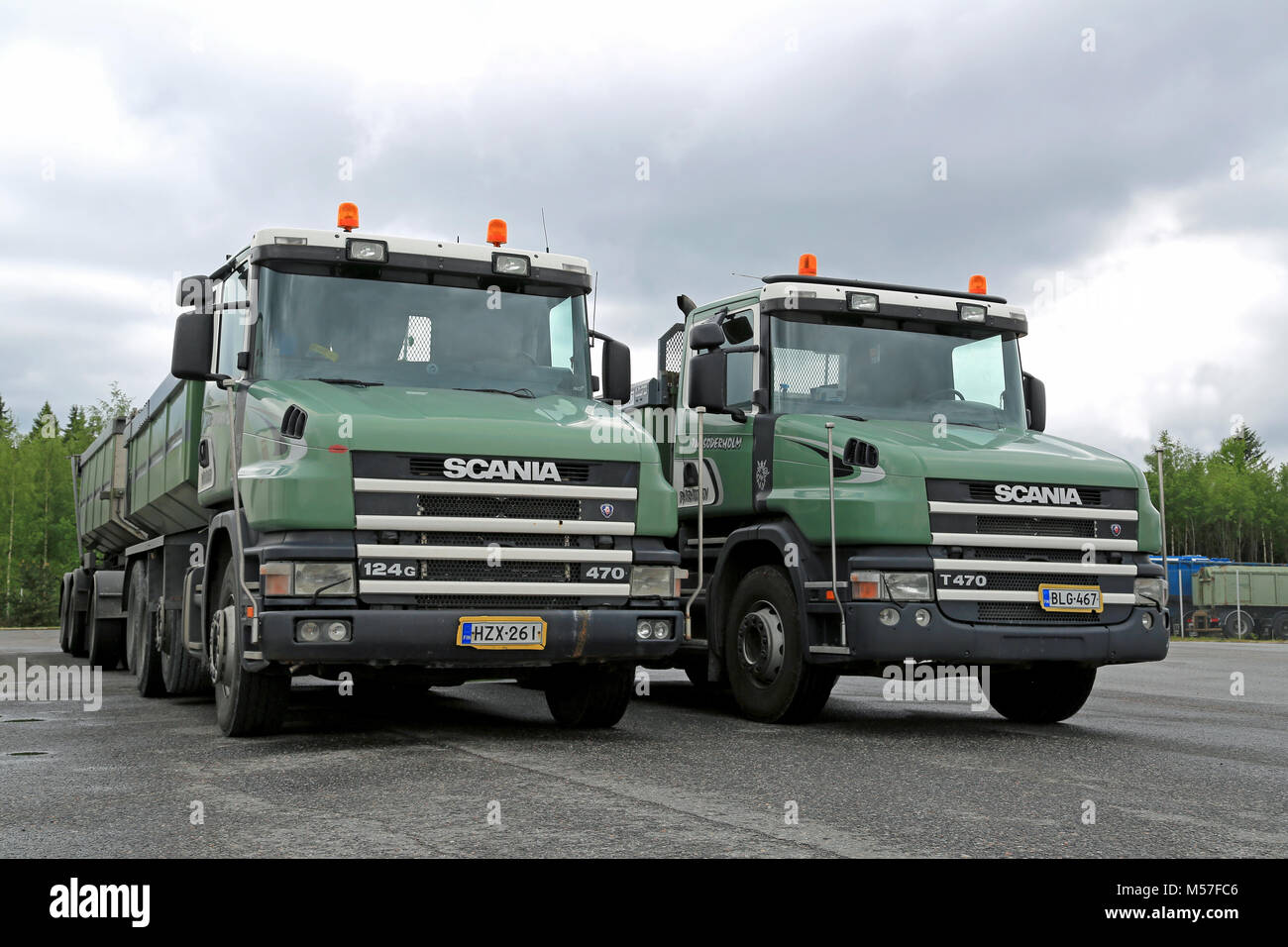 LIETO, FINLAND – MAY 30, 2014: Two older models of Scania 124G 470 ...