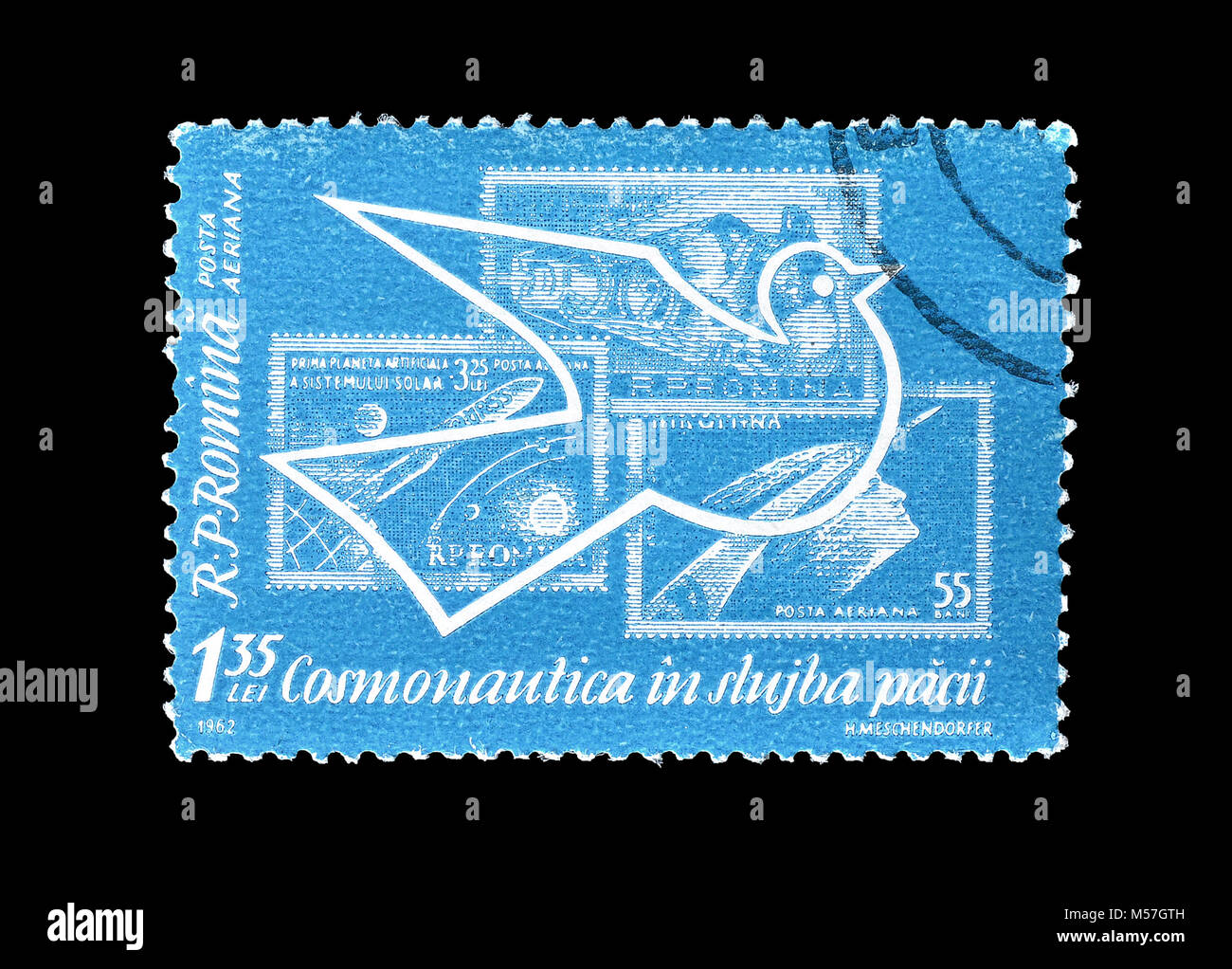Cancelled postage stamp printed by Romania, that shows Peace dove and ...