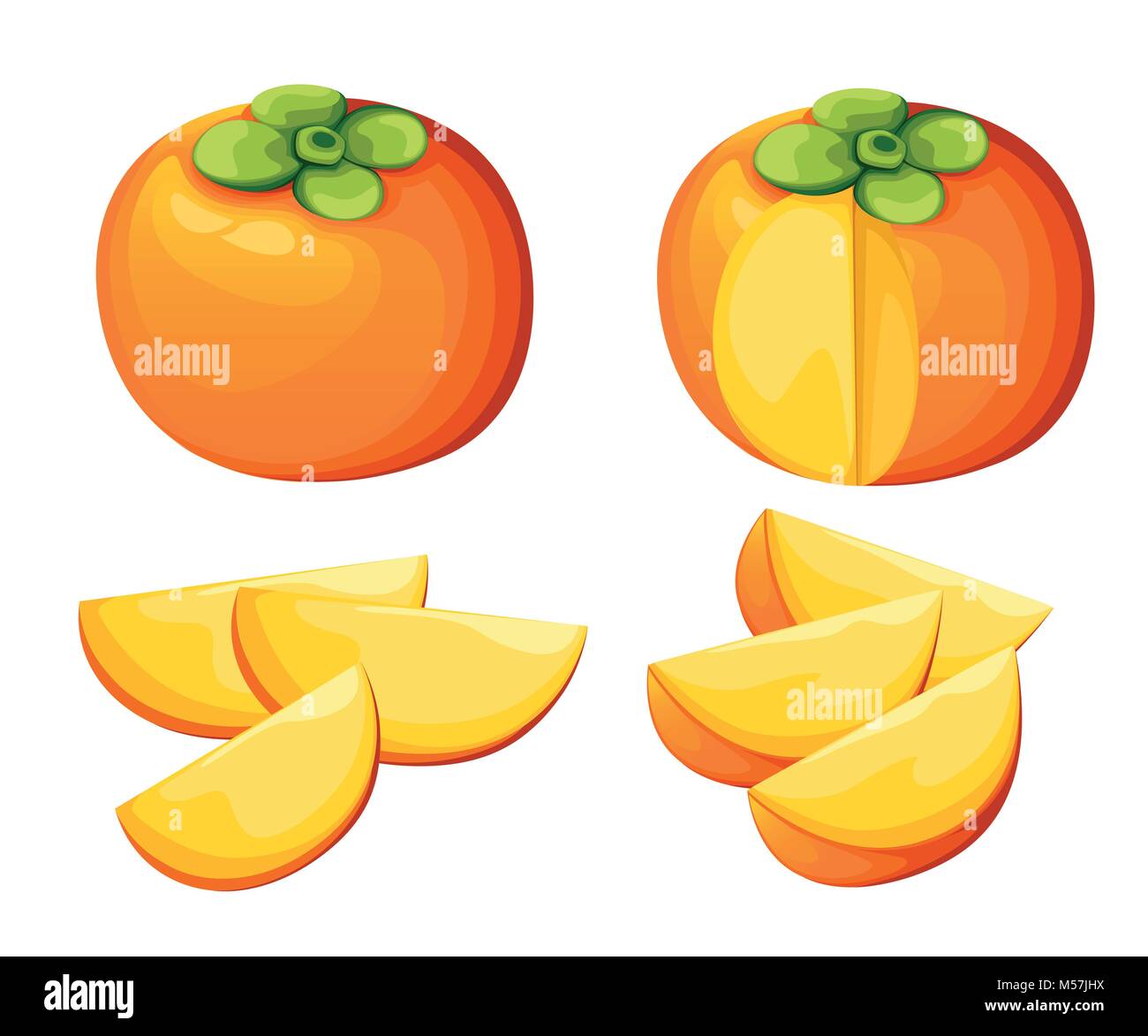Persimmon with leaves whole and slices of persimmons. Vector ...