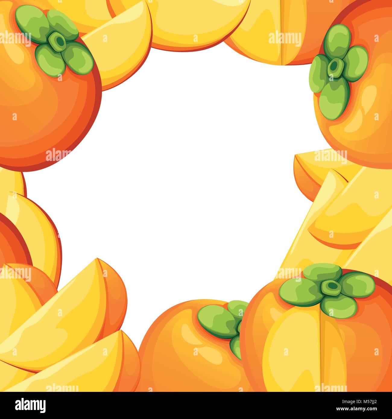 Persimmon with leaves whole and slices of persimmons. Vector ...