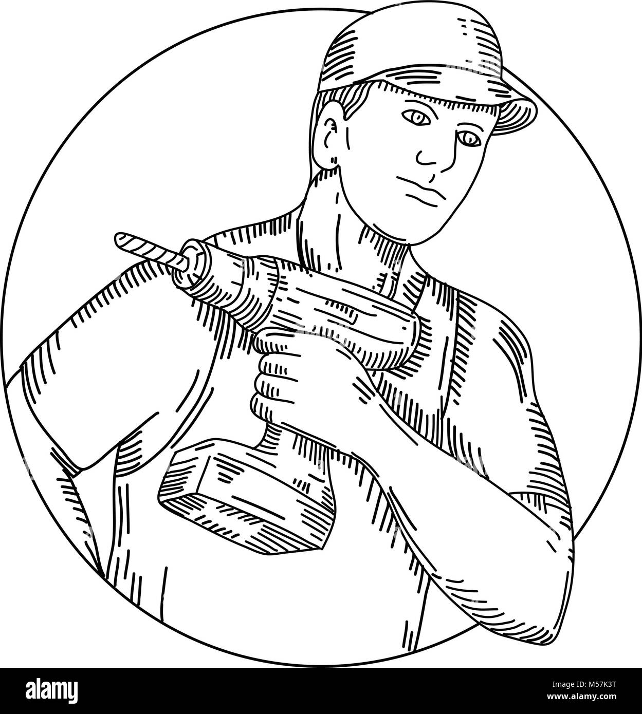 Mono line illustration of a handyman, builder, carpenter or ...