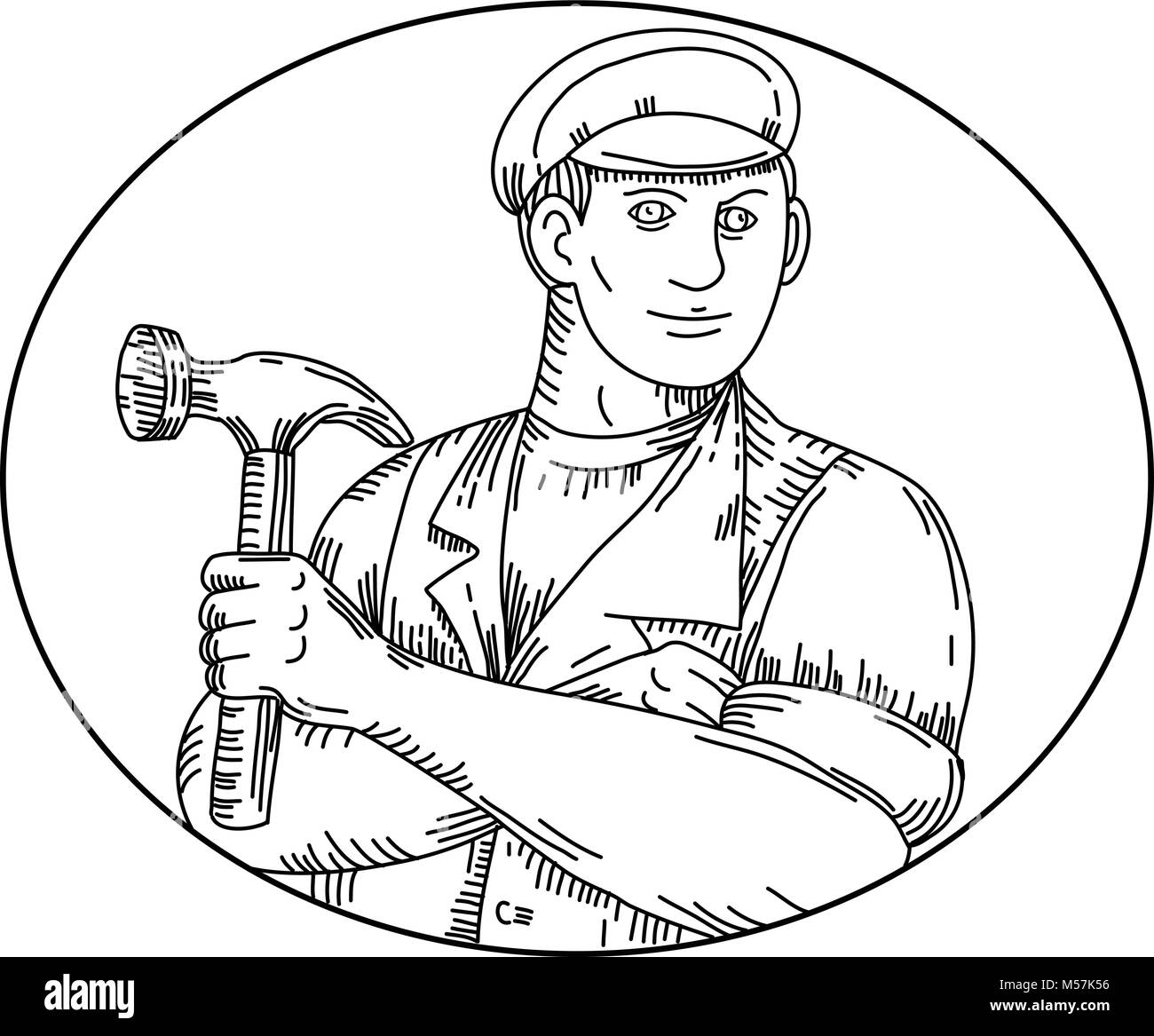 Mono line illustration of a vintage carpenter, handyman, builder or ...