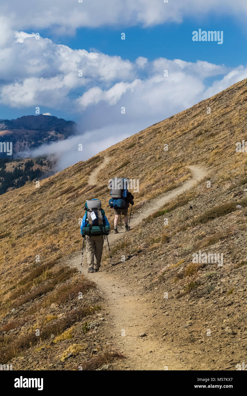 Hikers on Grand Pass Trail near Obstruction Point is exposed and open ...