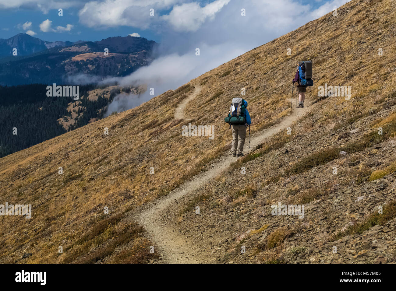 Hikers on Grand Pass Trail near Obstruction Point is exposed and open ...