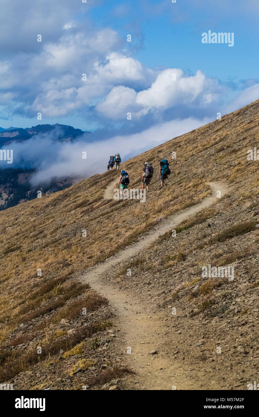 Hikers on Grand Pass Trail near Obstruction Point is exposed and open ...