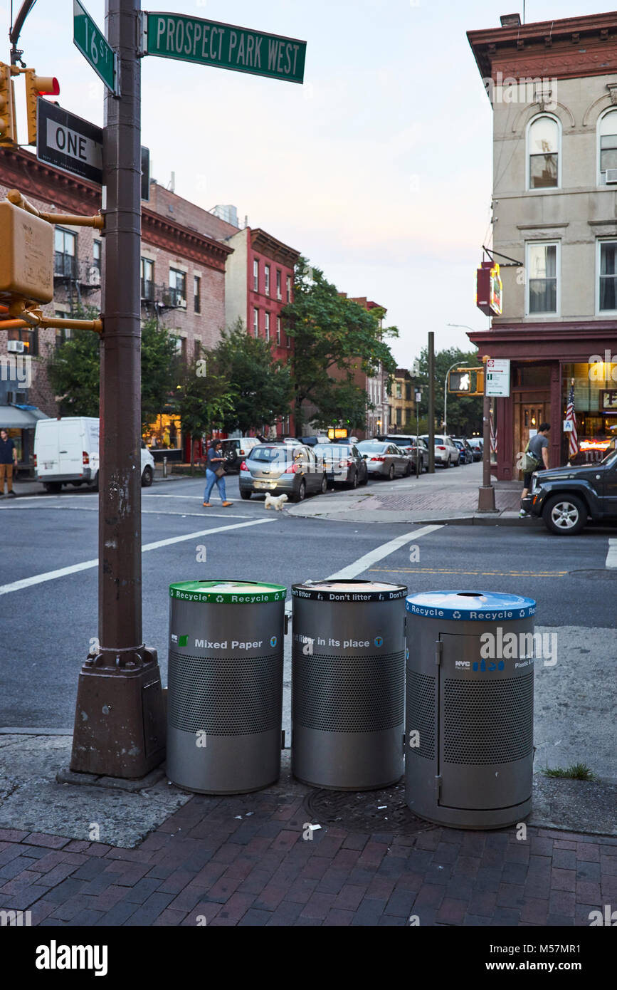 New recycling bins in Park Slope, Brooklyn, NY Stock Photo - Alamy