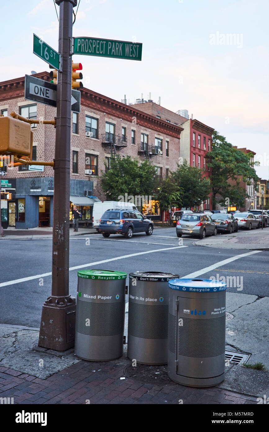New recycling bins in Park Slope, Brooklyn, NY Stock Photo - Alamy