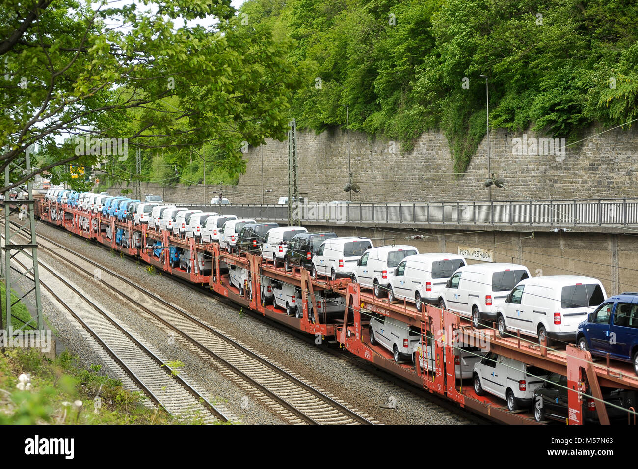 Transport of Volkswagen Caddy cars by train in Porta Westfalica, North ...