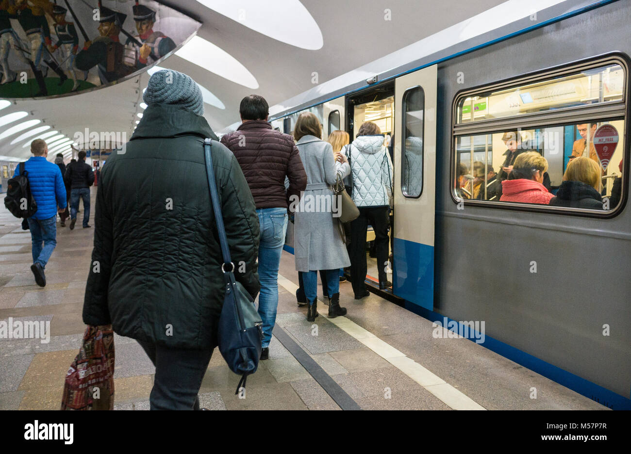 October 16, 2017 Moscow, Russia Passengers await a train at one of the ...