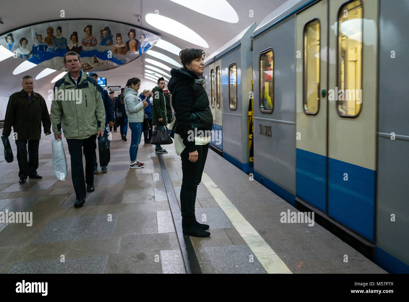 October 16, 2017 Moscow, Russia Passengers await a train at one of the ...