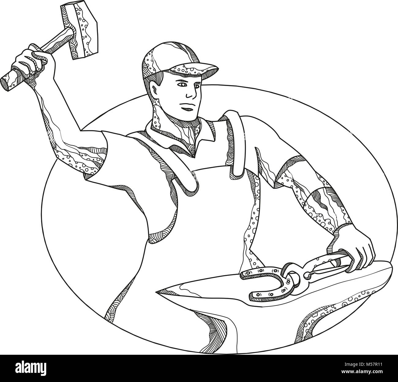 Doodle art illustration of a farrier wielding a hammer striking ...