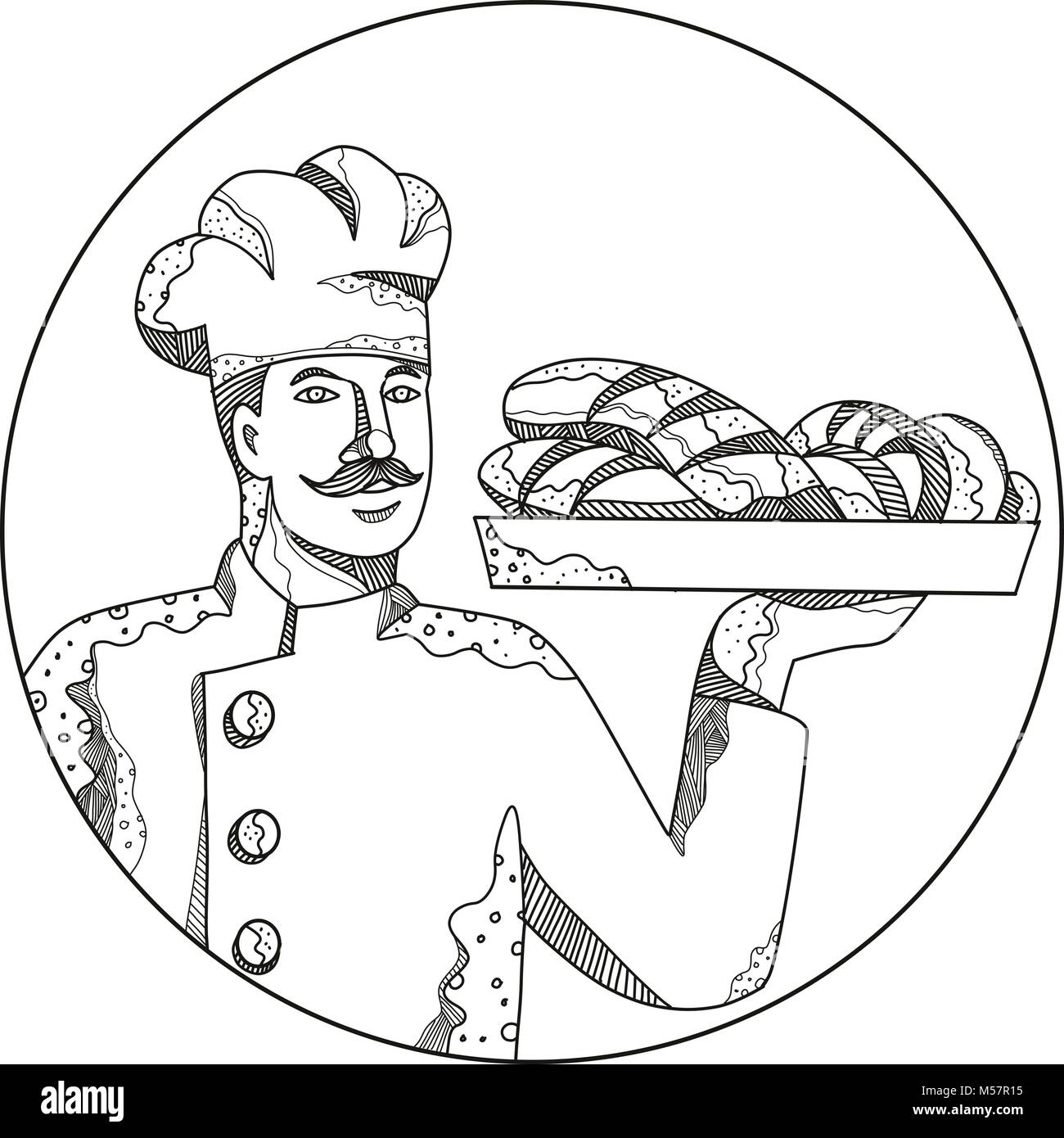 Doodle art illustration of a baker or pastry chef holding a plate of ...