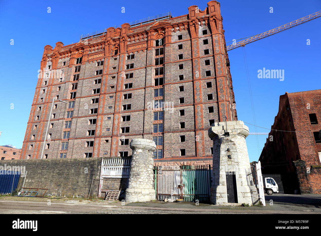 Huge derelict 19th Century brick built warehouse in Liverpool docklands ...